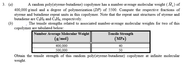 Solved A random poly(styrene-butadiene) copolymer has a | Chegg.com