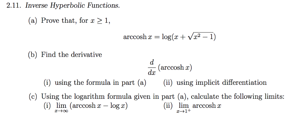 Solved 2.11. Inverse Hyperbolic Functions (a) Prove that, | Chegg.com