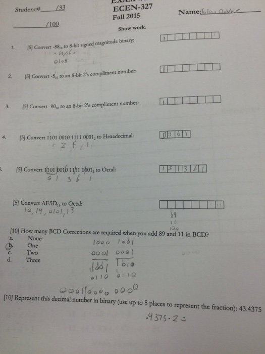 Solved Name: Fall 2009 1.14] Convert the binary number | Chegg.com
