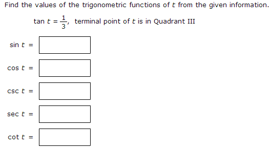 Solved Find the values of the trigonometric functions of t | Chegg.com