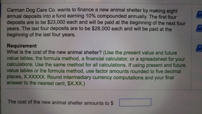 Solved Carman Dog Care Co. wants to finance a new animal | Chegg.com
