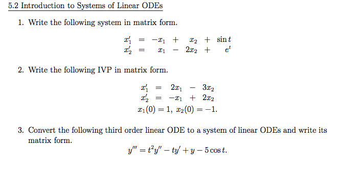 Solved 5.2 Introduction to Systems of Linear ODEs 1. Write | Chegg.com