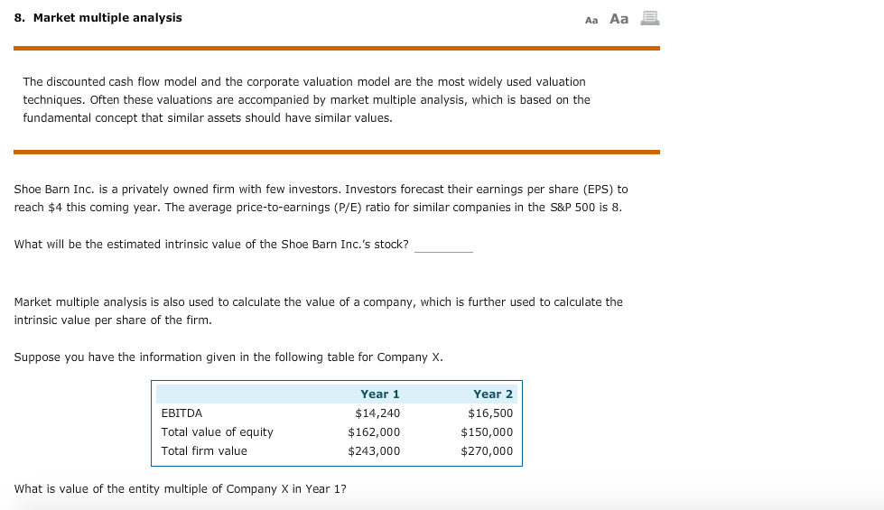 Solved 8. Market multiple analysis Aa Aa The discounted cash | Chegg.com