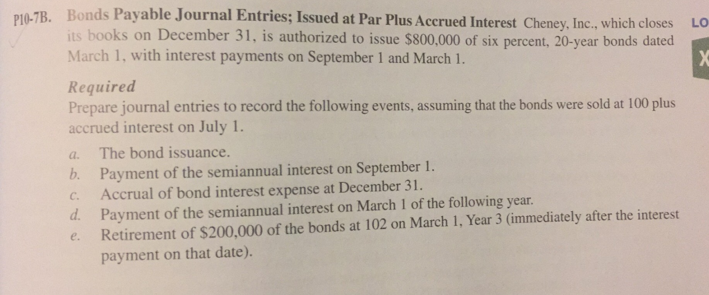 Solved P10.7B. Bonds Payable Journal Entries: Issued at Par | Chegg.com
