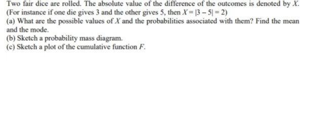 Solved Two fair dice are rolled. The absolute value of the | Chegg.com