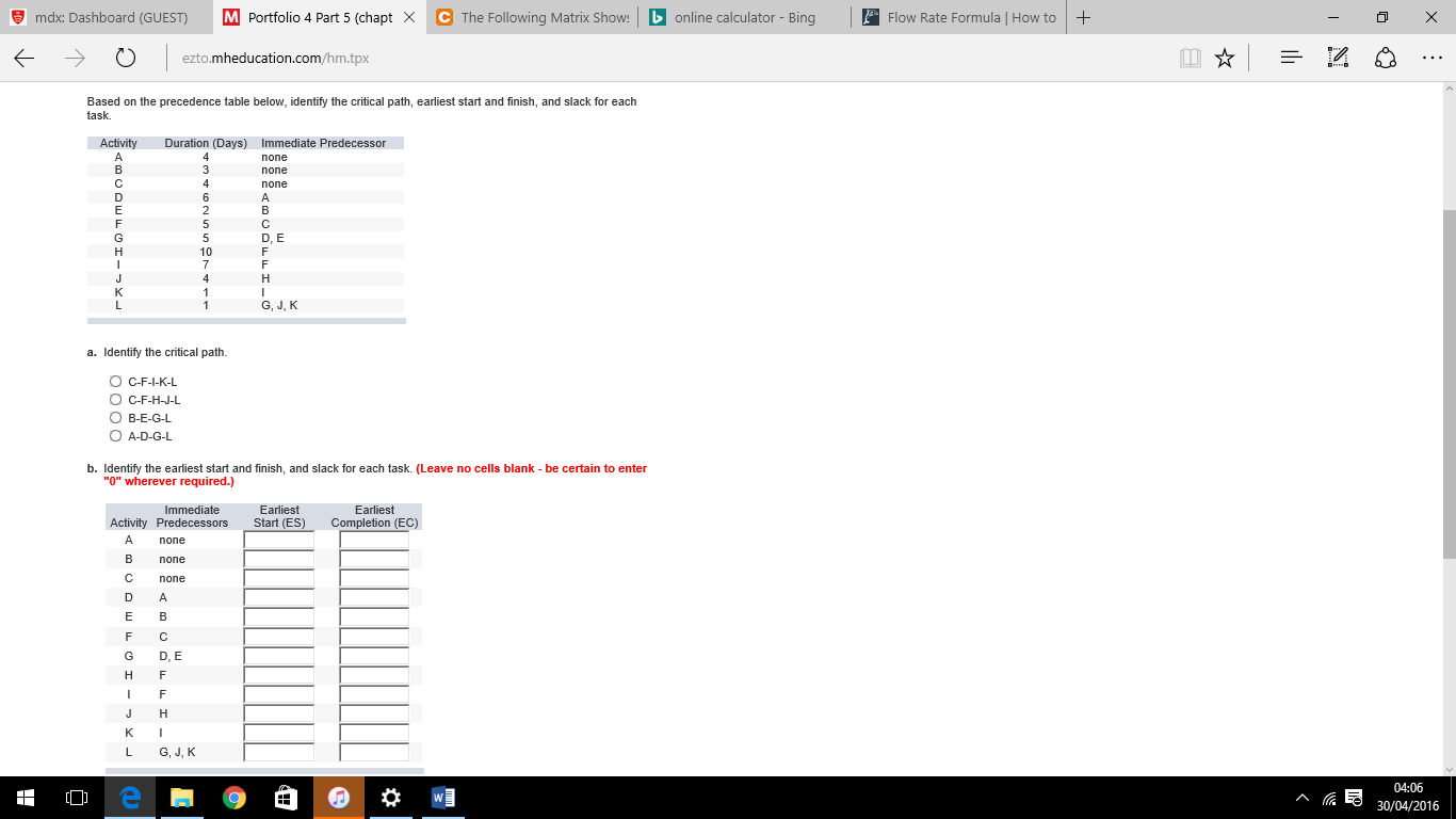 Solved Based on the precedence table below, identify the | Chegg.com
