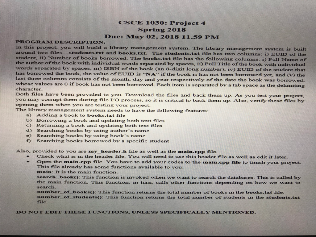 CSCE 1030: Project 4 Spring 2018 Due: May 02, 2018 | Chegg.com