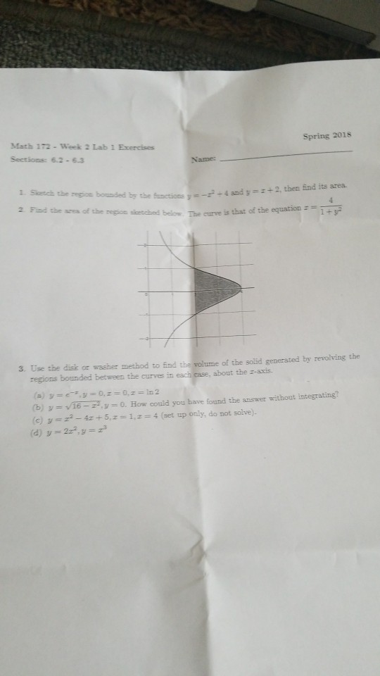 Solved Math 172 - Week 2 Lab 1 Exercises Sections: 6.2-6.3 | Chegg.com