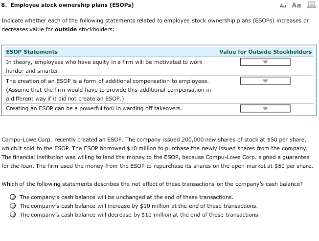 Solved 8. Employee stock ownership plans (ESOPs) Aa Aa | Chegg.com