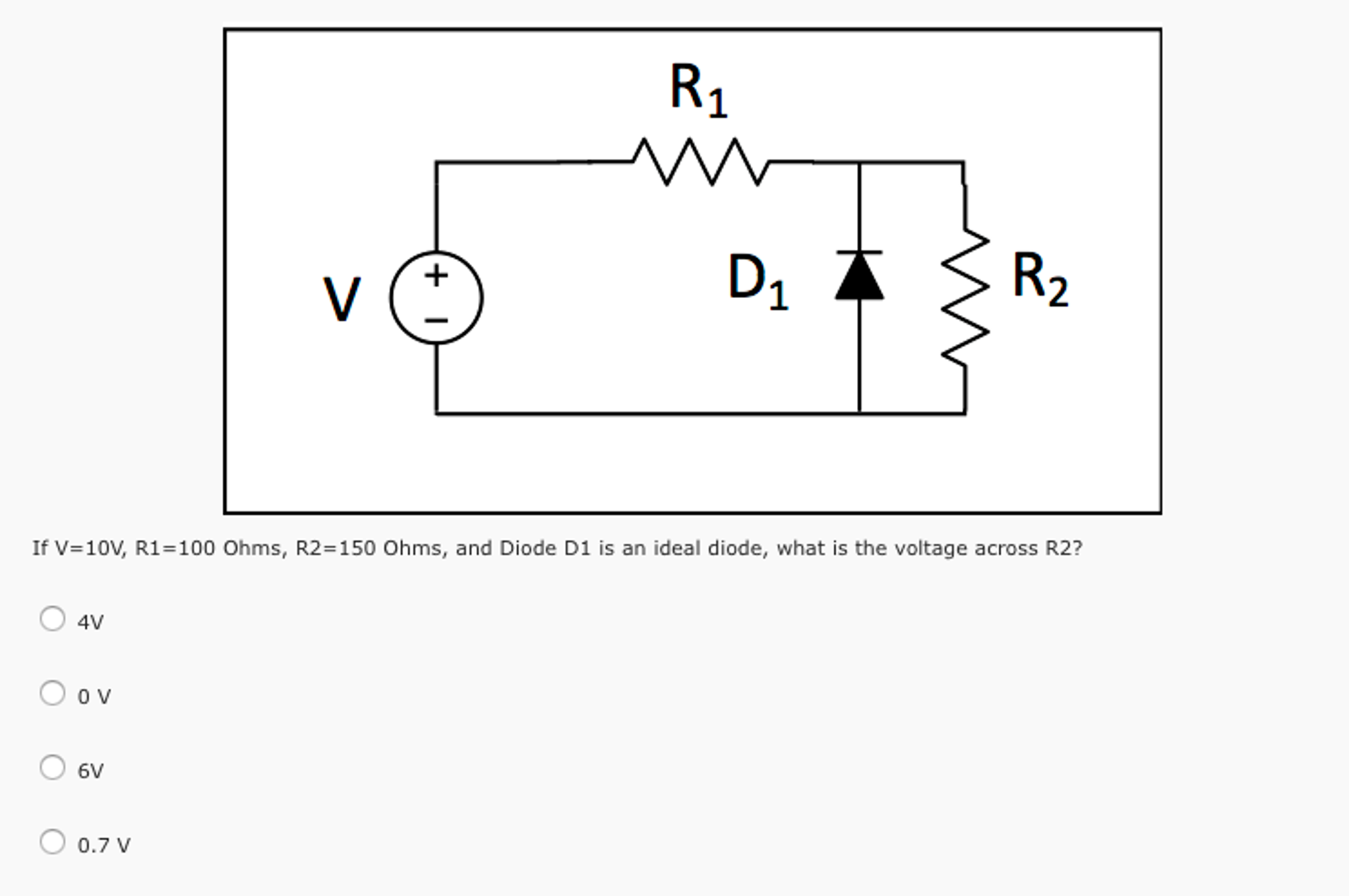 Solved If V=10V, R1 = 100 Ohms, R2=150 Ohms, and Diode D1 | Chegg.com