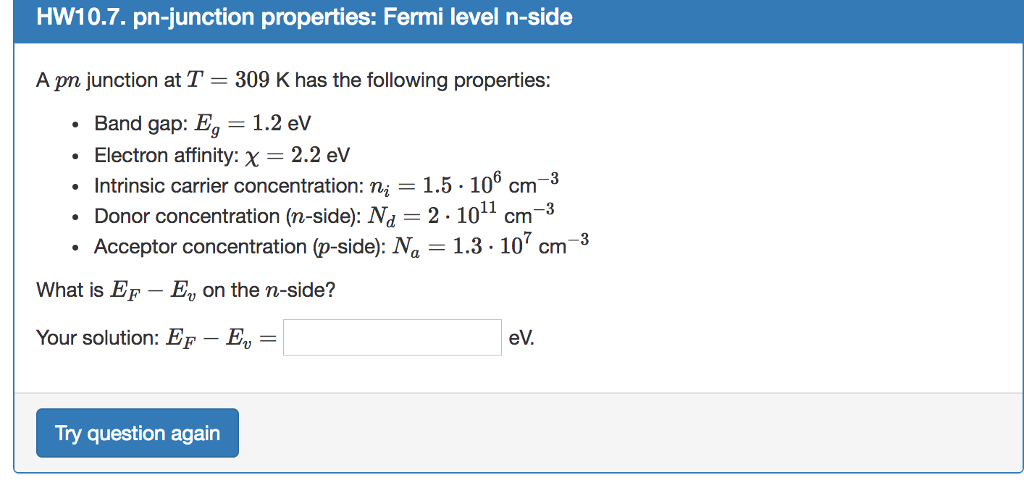 Solved HW10.7. pn-junction properties: Fermi level n-side A | Chegg.com