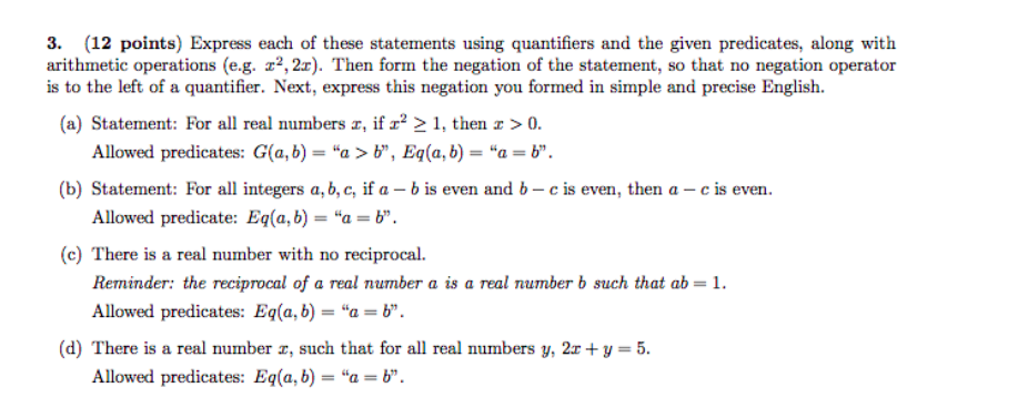 Solved 3. (12 points) Express each of these statements using | Chegg.com