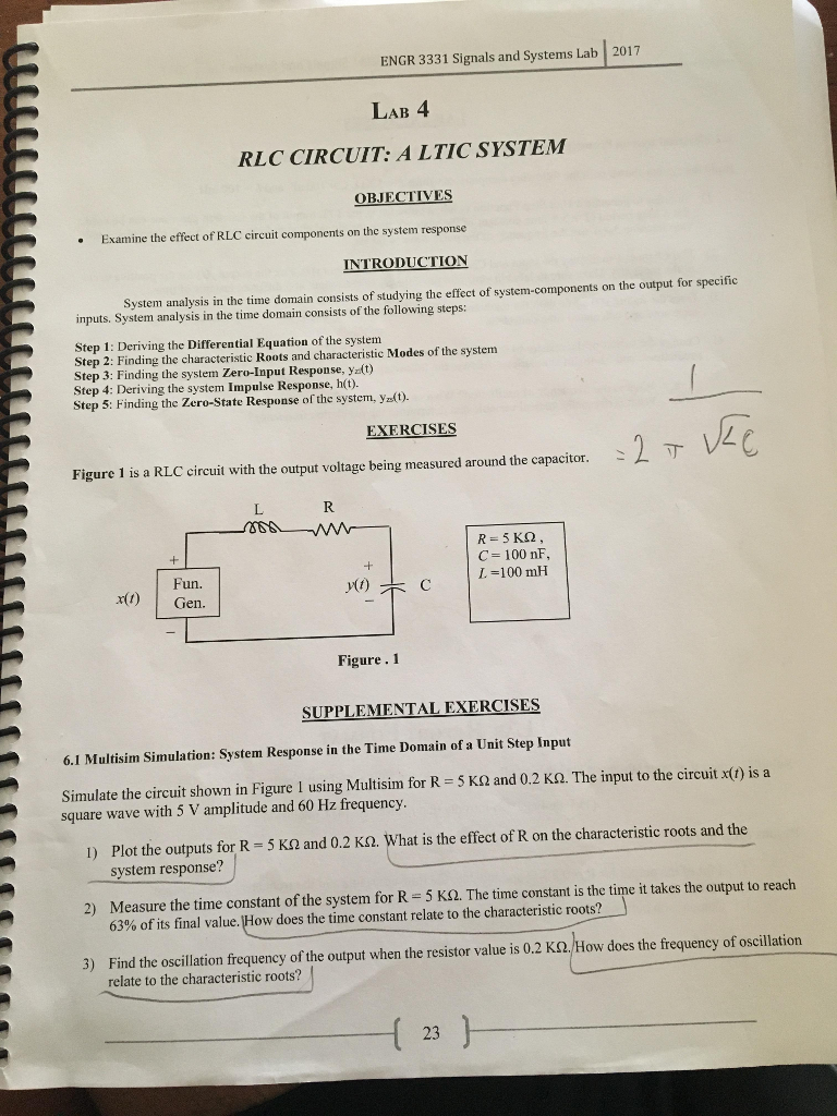 Solved ENGR 3331 Signals and Systems Lab 2017 LAB 4 RLC | Chegg.com