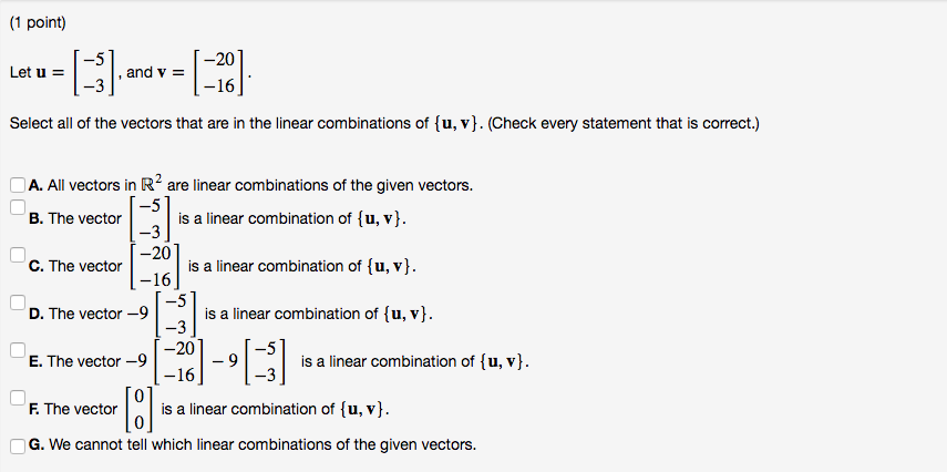 Solved (1 point) -20 16 Let u = , and V = Select all of the | Chegg.com