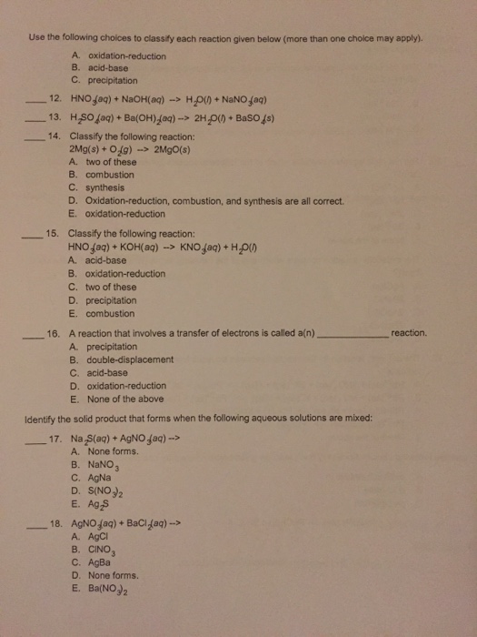 Solved Use the following choices to classify each reaction | Chegg.com