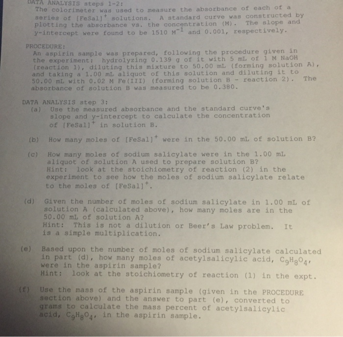 Solved The colorimeter was used to measure the absorbance of | Chegg.com