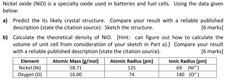Solved Nickel oxide (NiO) is a specialty oxide used in | Chegg.com