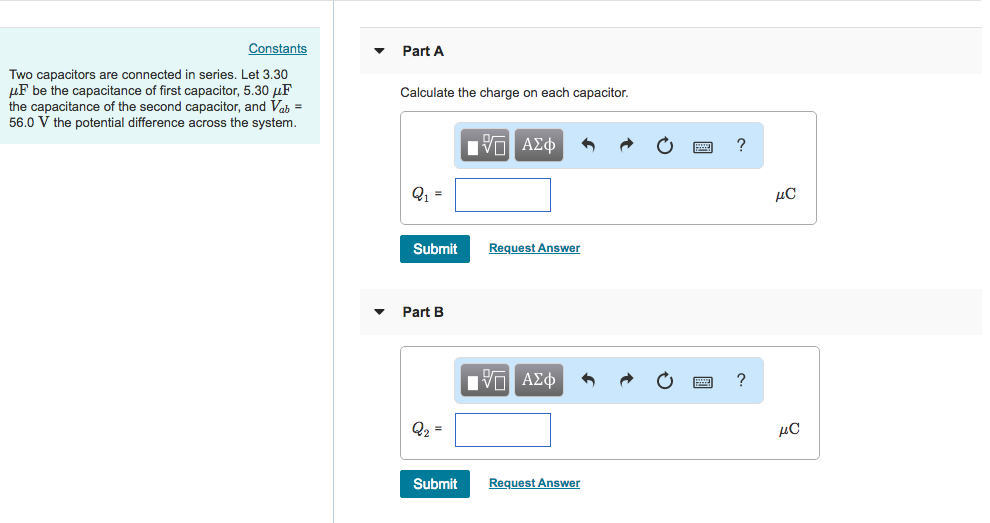Solved Constants Part A Two capacitors are connected in | Chegg.com