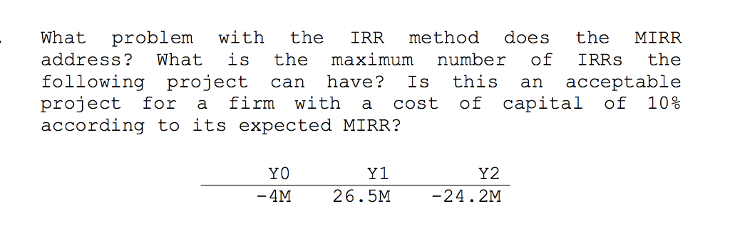 Solved What problem with the IRR method does the MIRR | Chegg.com