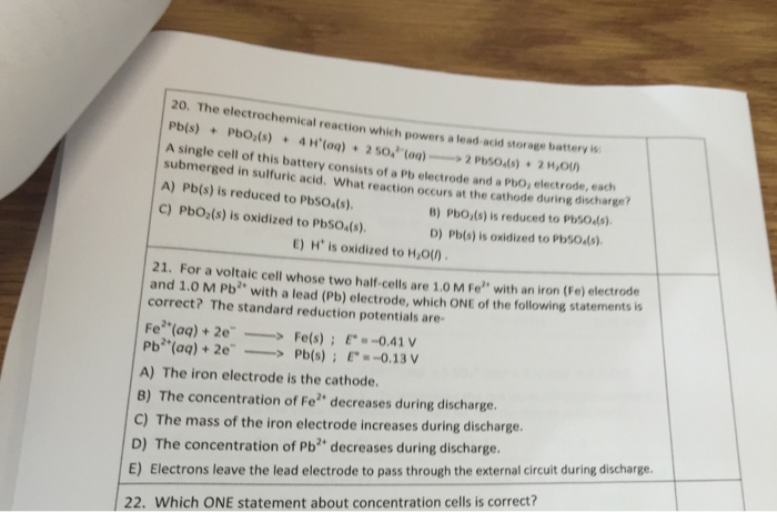 Solved The electrochemical reaction which powers a lead-acid | Chegg.com