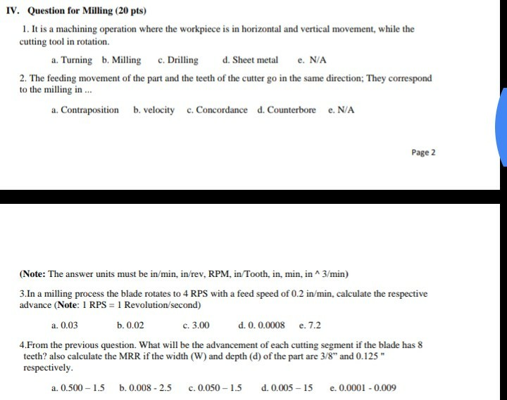 Solved IV. Question for Milling (20 pts) 1.It is a machining | Chegg.com