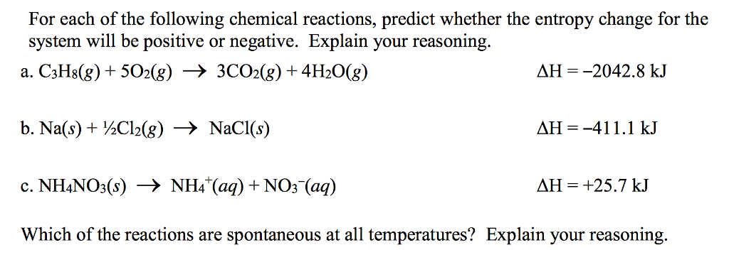 Solved For each of the following chemical reactions, predict | Chegg.com