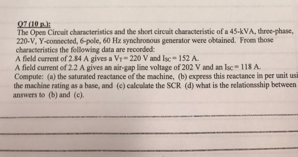 Solved The Open Circuit characteristics and the short | Chegg.com