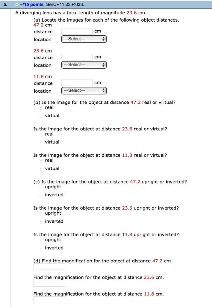Solved 5 115 Points Sercp11 23 P 033 A Diverging Lens Has