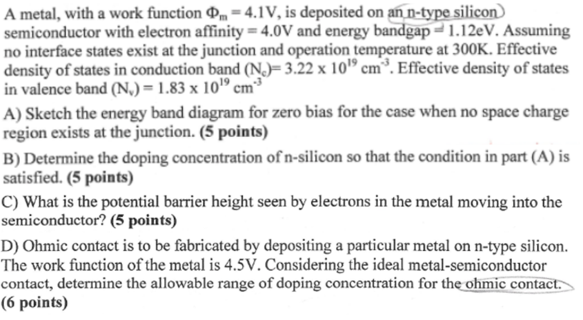A metal, with a work function Phi_m = 4.1V, is | Chegg.com
