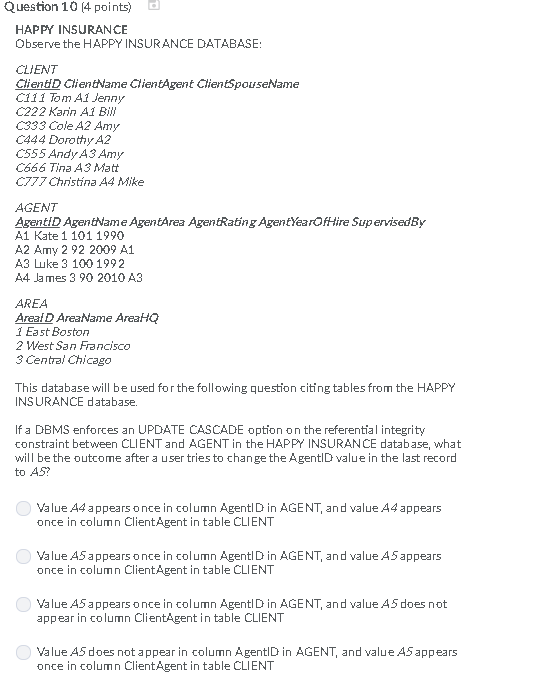 Solved Question 10 (4 points) HAPPY INSURANCE Observe the | Chegg.com