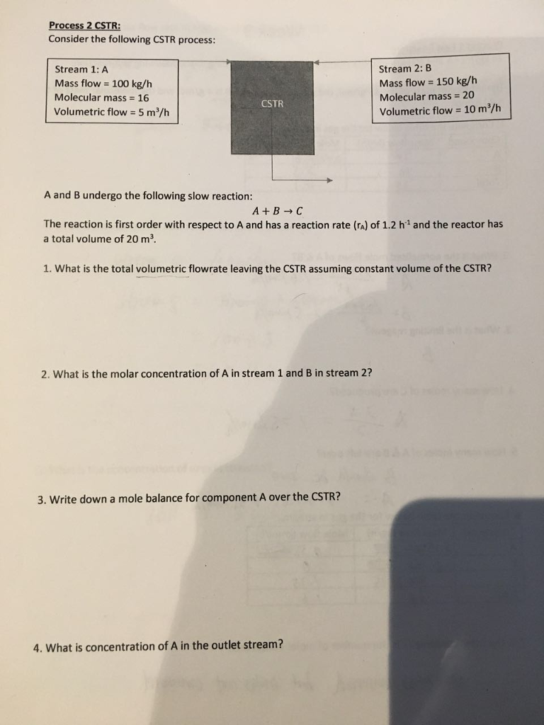Solved Process 2 CSTR Consider the following CSTR process: | Chegg.com