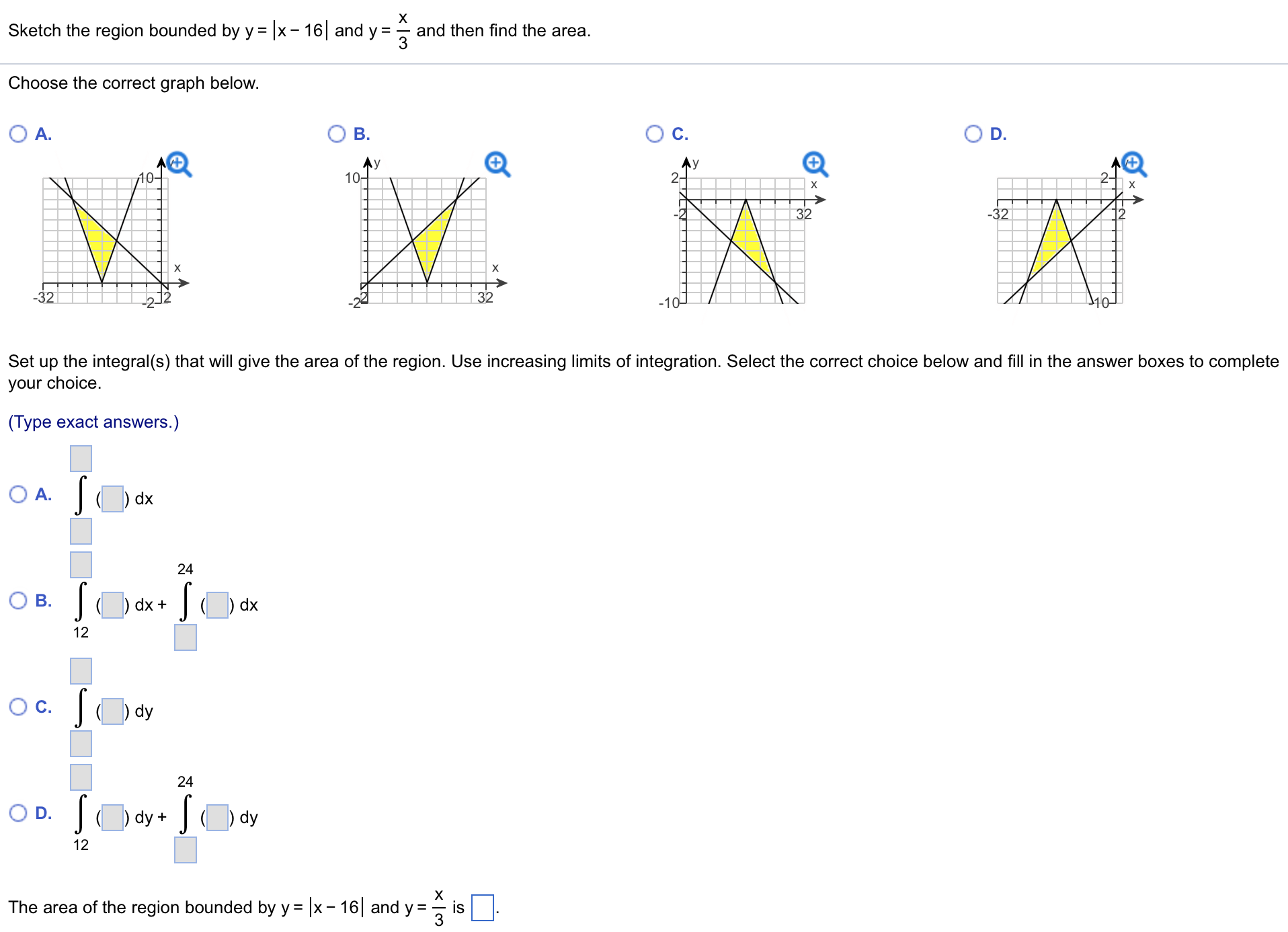 Solved Sketch the region bounded by y= |x- 16| and y = x/3 | Chegg.com