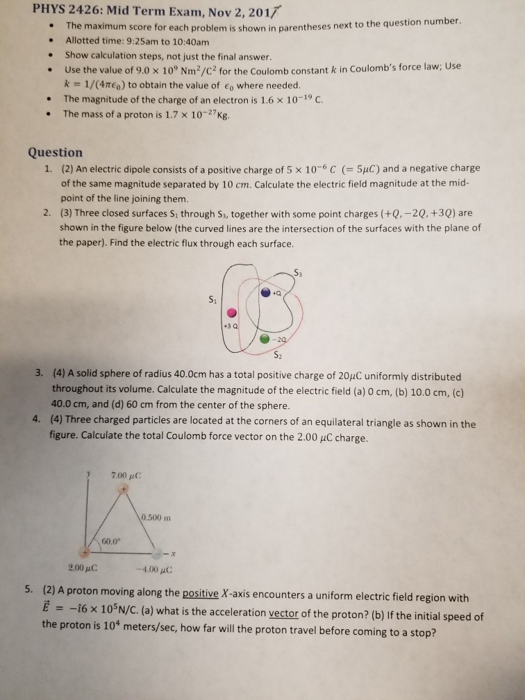 Solved PHYS 2426: Mid Term Exam, Nov 2, 2017 ses next to the | Chegg.com