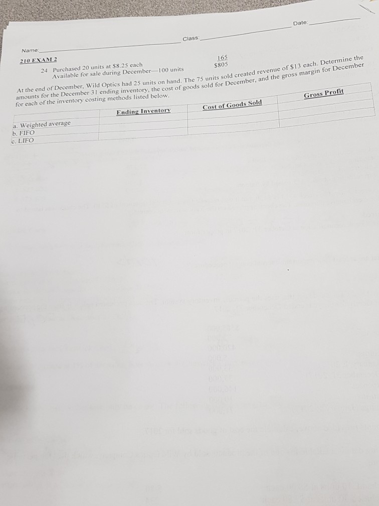 Solved Date: Name Class 210 EYAM2 165 $805 24 Purchased 20 | Chegg.com