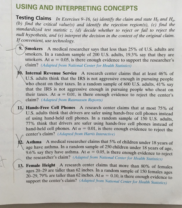 Solved Testing Claims In Exercises 9-16, (a) identify the | Chegg.com