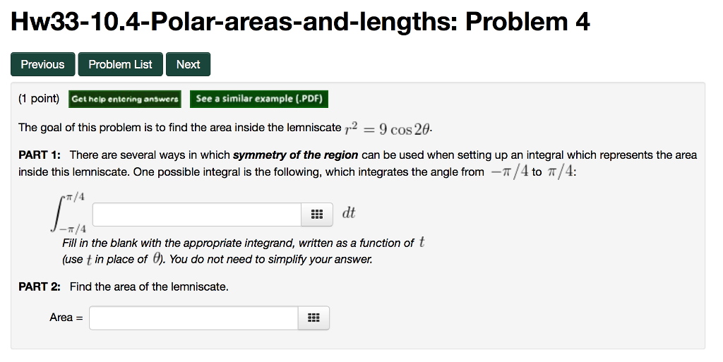 Solved Hw33-10.4-Polar-areas-and-lengths: Problem 4 Previous | Chegg.com