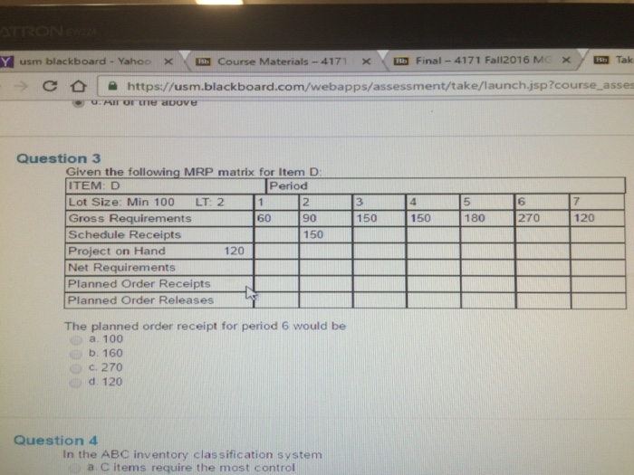 Solved Given the following MRP matrix for Item D: The | Chegg.com