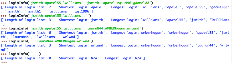 Solved listInfo(list1,list2) logins1 is a string of | Chegg.com