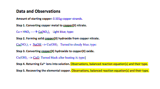Data and Observations Amount of starting copper: | Chegg.com