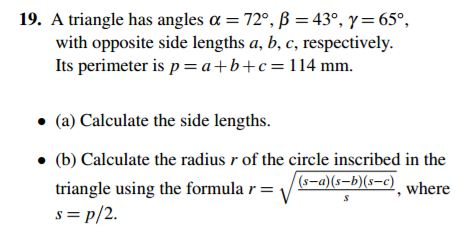 Solved A triangle has angles alpha = 72 degree, beta = 43 | Chegg.com