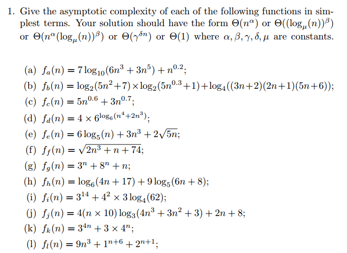 Solved Give the asymptotic complexity of each of the | Chegg.com