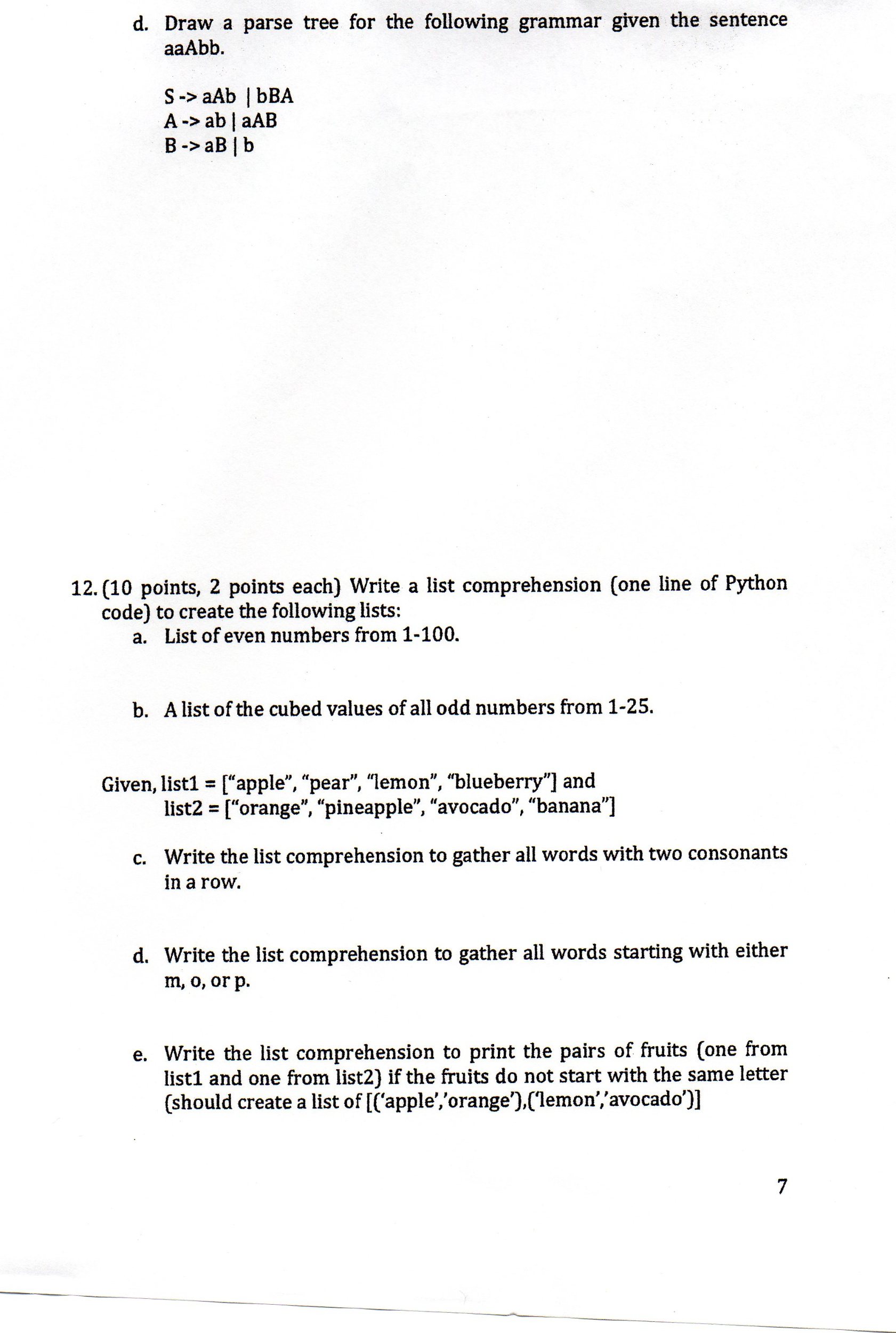 Draw a parse tree for the following grammar given the | Chegg.com