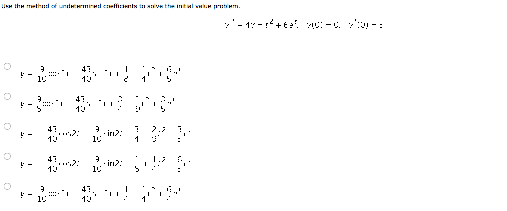 Solved Use the method of undetermined coefficients to solve | Chegg.com
