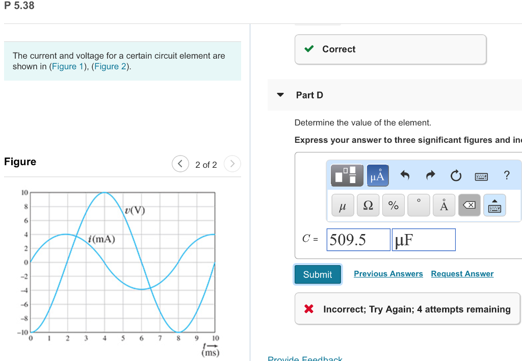 Solved P 5.38 Correct The current and voltage for a certain | Chegg.com