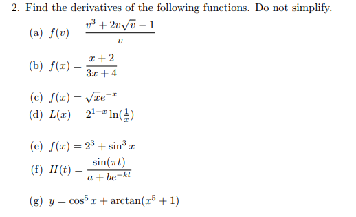 Solved 2. Find the derivatives of the following functions. | Chegg.com