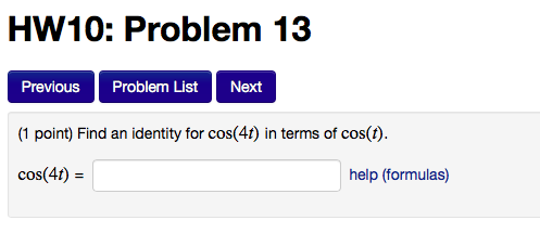 Solved Find an identity for cos(4t) in terms of cos(t). | Chegg.com