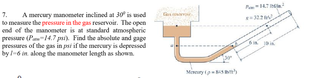 Solved A mercury manometer inclined at 30degree is used to | Chegg.com