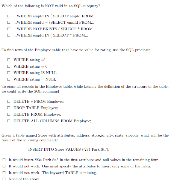 Solved Which of the following is NOT valid in an SQL | Chegg.com