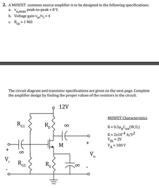 Solved 2. A MOSFET common source amplifier is to be designed | Chegg.com