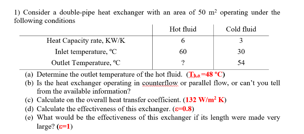 Solved Consider a double-pipe heat exchanger with an area of | Chegg.com